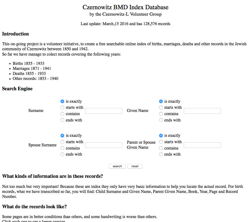 Czernowitz BMD Index Database - Web Site - B&F: Jewish Genealogy and More