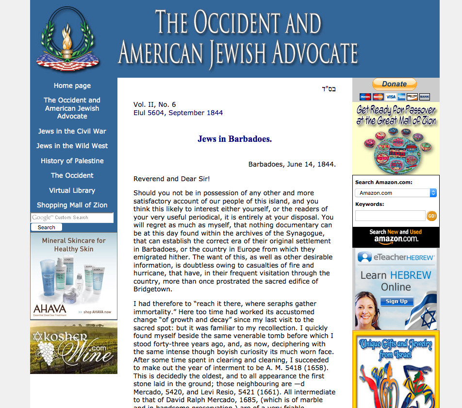 The Occident and American Jewish Advocate - Jews in Barbadoes - B&F ...