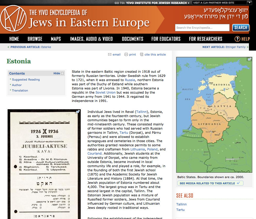 The YIVO Encyclopedia of Jews in Eastern Europe - Estonia - B&F: Jewish ...