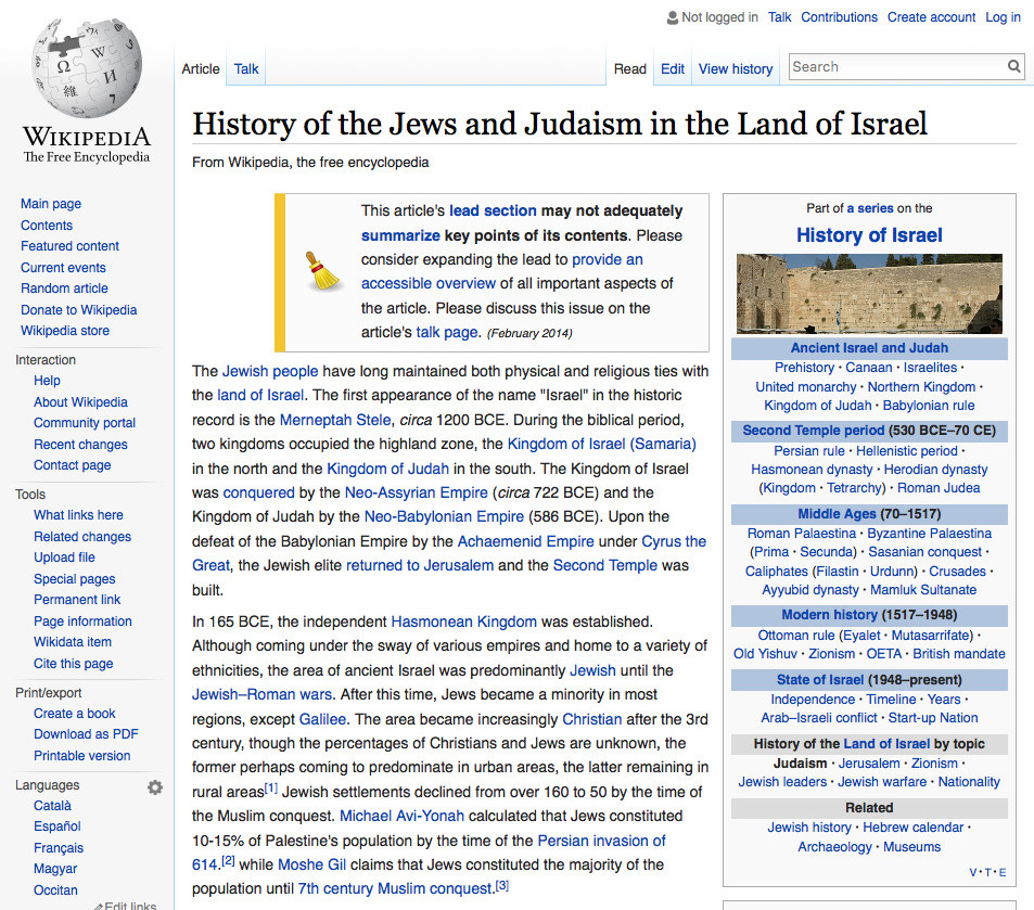 Wikipedia - History of the Jews and Judaism in the Land of Israel - B&F ...