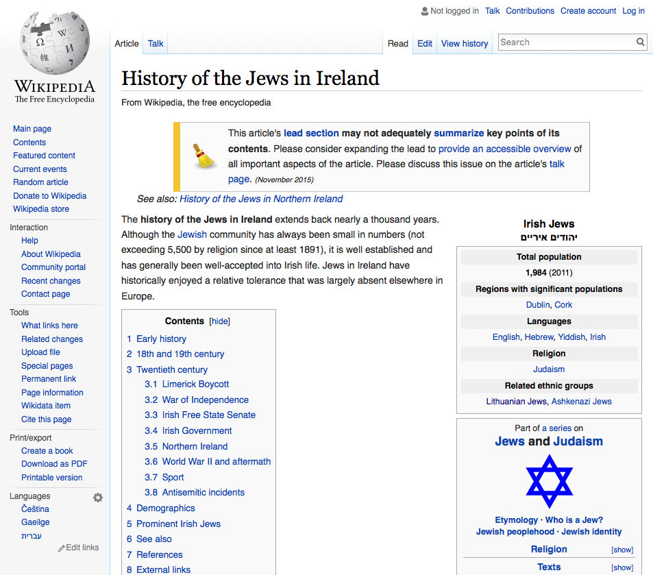 Wikipedia - History of the Jews in Ireland - B&F: Jewish Genealogy and More